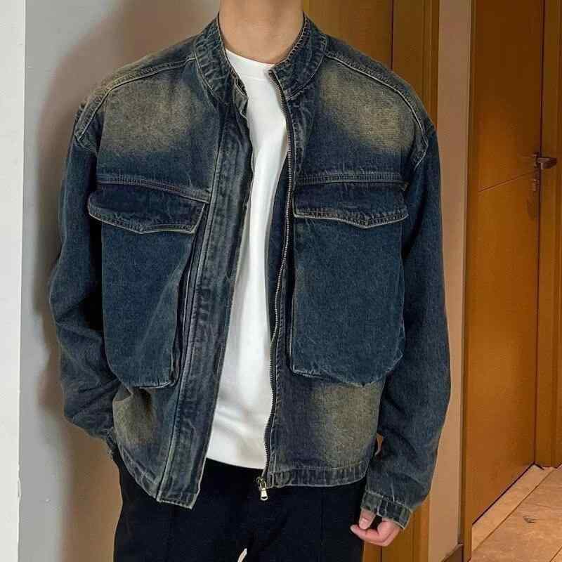 ジャケット 男性用 Gジャン デニム ウォッシュ加工 襟付き 長袖 ブルゾン アウター トップス 濃い青 普段使い カジュアル スタイル