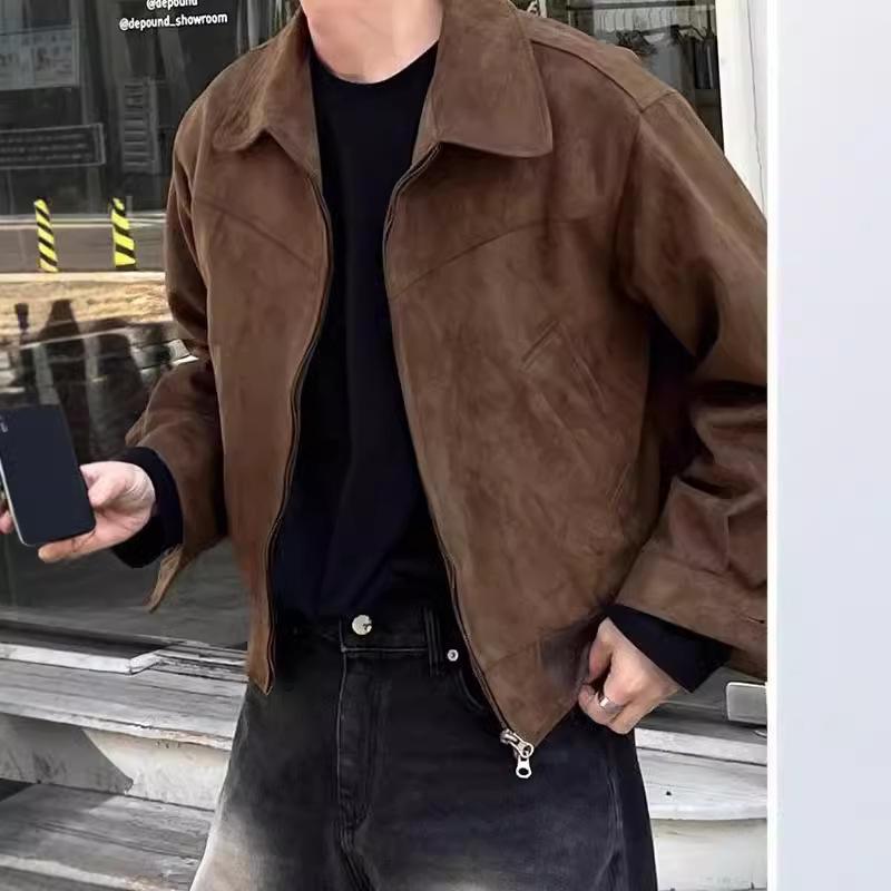 ジャケット メンズ 男性用 スエード ブルゾン 春秋 ヴィンテージスタイル ショート丈 フライトジャケット 深棕色 黒 普段使い アウター・カテゴリ: ジャケット・スタイル: 韓国・対象: 若者・襟の形: 襟付き・フィット: スリム・前立て...