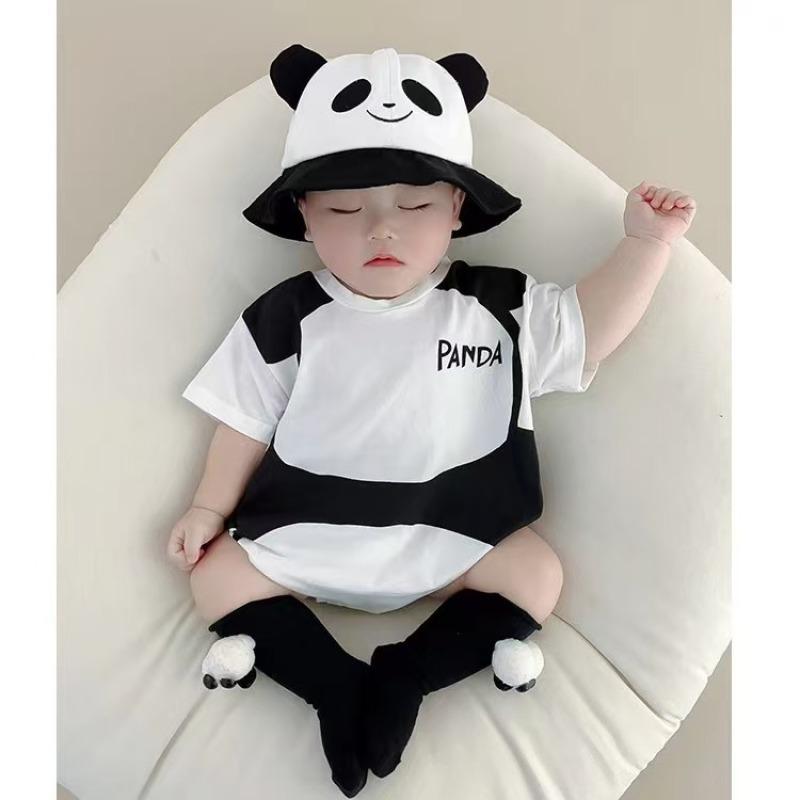 ロンパース ベビー 男女兼用 かわいい パンダ 半袖 薄手 夏 新生児 綿 帽子付き カバーオール