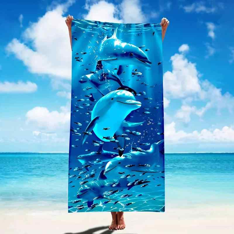 ビーチタオル メンズ レディース 大判 速乾 吸水 鮮やかなイルカと魚柄 ポリエステル 天ブルー 花柄・素材: ポリエステル繊維(ポリエステル)