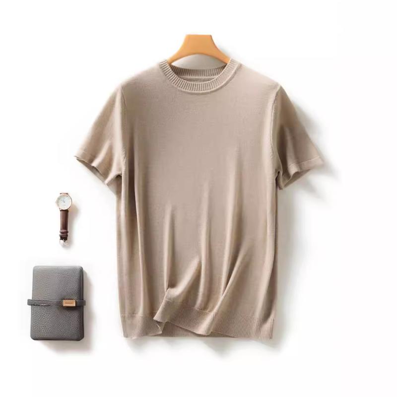 Tシャツ メンズ 男性用 精紡ウール 薄手 半袖 ニット トップス 丸首 暖白 靓ピンク 绣红 青绒色 紫绒色 グレー ブラック