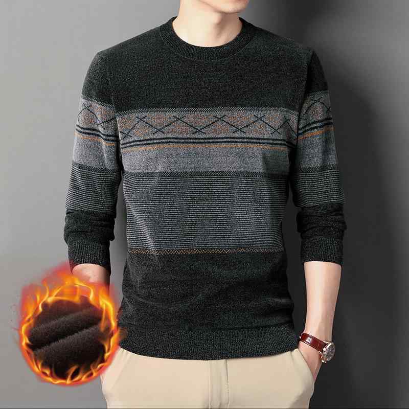 ニット メンズ ニットセーター ストライプ柄 裏起毛 厚手 冬物 男性用 防寒 暖かい シニア 向け 青 黒 グレー