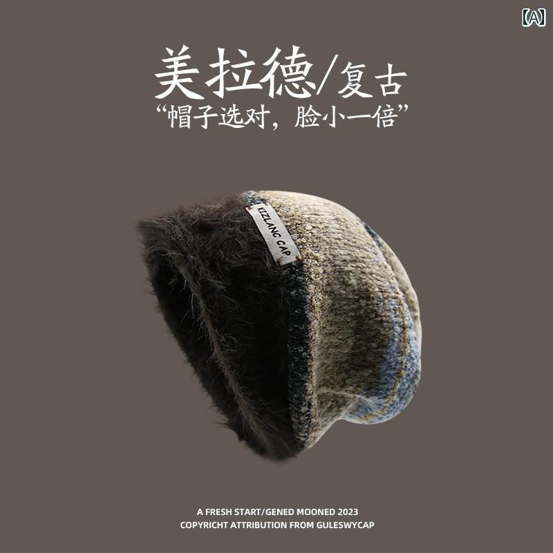 ふわふわの レトロ ニット パイル 女性用 小 顔 効果 あり 秋冬用 男性用 暖かい ウール ハット）.カラフルカラーオシャレデザイン主な素材: -サイズ：フリーサイズ（56～59cm）パターン: 幾何学的なカラーブロックスタイル: スト...