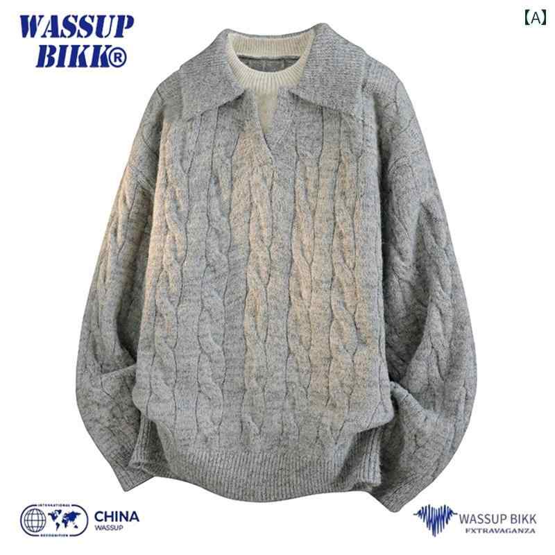 ラペル ツイスト プルオーバー セーター メンズ 秋冬 厚手 スタイル Vネック ニット トップス.カラフルカラーオシャレデザイン。詳細: コントラストカラー生地: -ショッピングモールと同じですか？ はい対象者: 袖タイプ: レギュラー対...