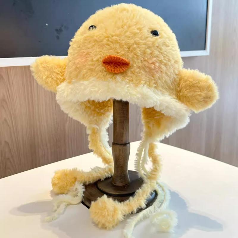 2個セットニット帽 レディース 秋冬 防寒 あったか 毛糸 黄色 アヒル かわいい 手編み 帽子