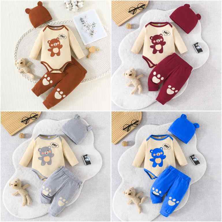 ベビー服 男の子 カートーン 小熊柄 長袖 ロンパース パンツ 帽子 3点セット 春秋 普段使い・対象: ベビー.キッズ・スタイル: カジュアル・セット内容: トップス.パンツ.-・袖丈: 長袖・パンツ丈: 長ズボン・・柄: キャラクター・...