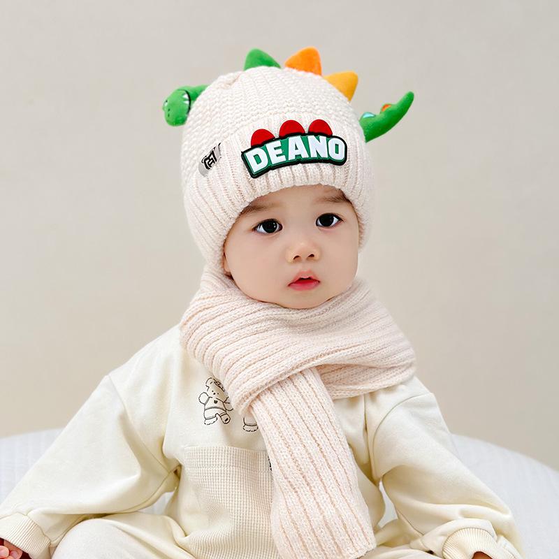 2個セットニット帽 ベビー キッズ 子供用 恐竜 マフラー セット 秋冬 防寒 あったか かわいい 0歳 1歳 2歳product_category: ニット帽 color: オフホワイト size: 頭囲42-46cm/参考年齢3-20ヶ...