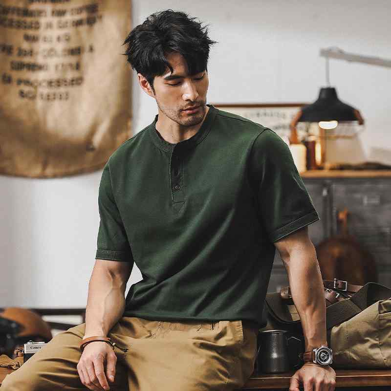 Tシャツ メンズ 男性用 半袖 ポロシャツ ヘンリーネック 無地 コットン 宽松 ゆったり 夏 薄手 軍緑 ホワイト 白 紺色 ブラック 黒 グレー・カテゴリ: Tシャツ・スタイル: アメカジ・柄: 無地・ネックライン: クルーネック・袖丈...