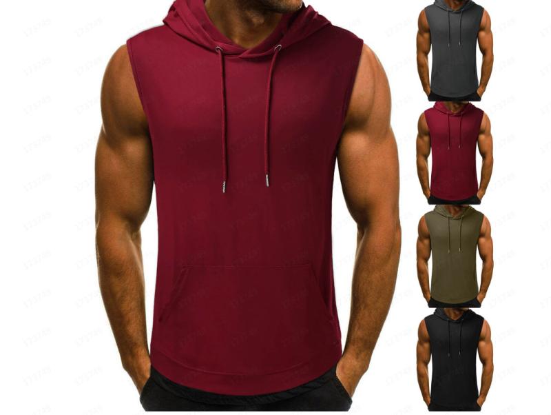 2個セットタンクトップ メンズ 男性用 スポーツウェア ノースリーブ Tシャツ ポリエステル 無地 フード付き 赤 レッド グレー ブラック