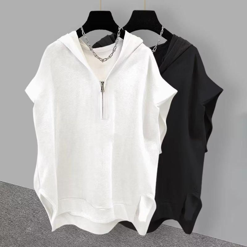 Tシャツ メンズ 男性用 無袖 ノースリーブ パーカー ジップアップ ポリエステル 混紡 ゆったり ルーズフィット 無地 カジュアル 普段使い スポーティー 白 黒 グレー・版型: ゆったり・柄: 無地・主な素材: ポリエステル・生地: 化...