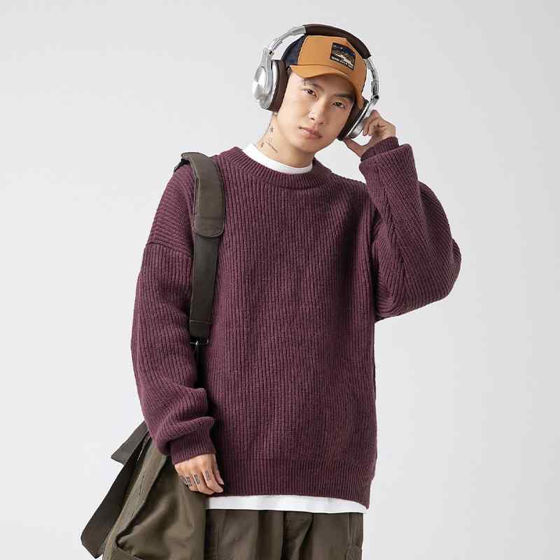 ニット メンズ 秋冬 厚手 畦編み セーター 無地 ラウンドネック プルオーバー ゆったり トップス 長袖 カジュアル 白 黒 緑 ベージュ 紫 カーキ グレー