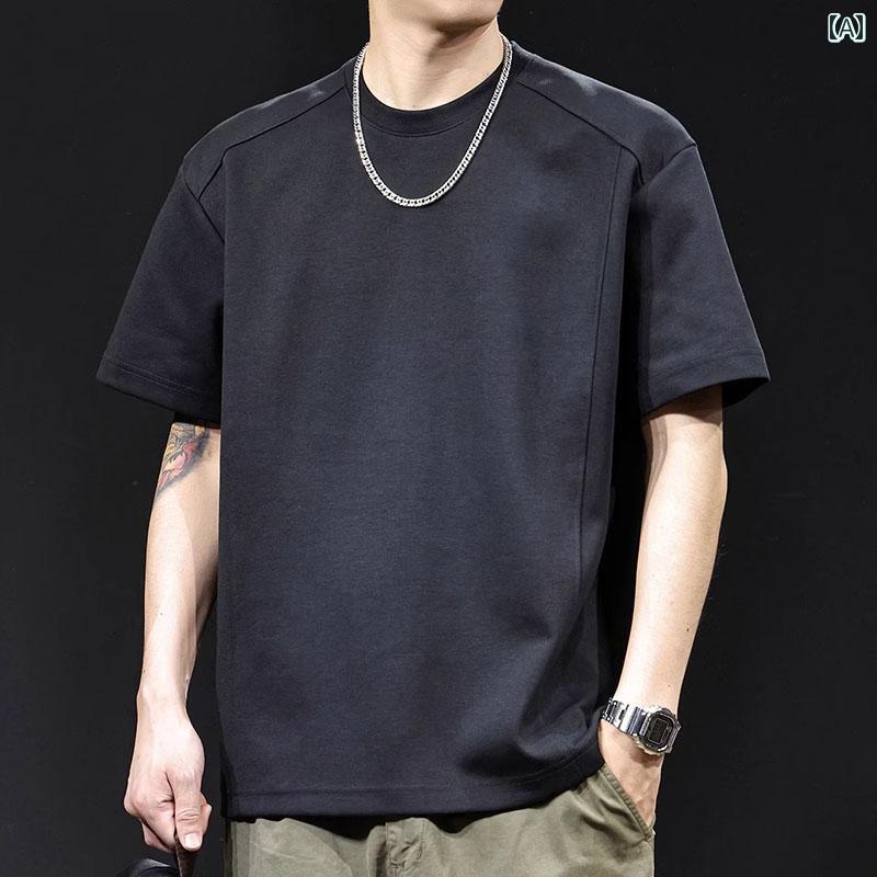 大きいサイズ 300 斤 シンプル スプライシング 半袖 Tシャツ メンズ 夏 豪華 アメリカン ヘビー コットン.カラフルカラーオシャレデザインバージョン: ルーズ衣料技術：鉄フリー処理生地の分類：綿基本スタイル：若々しい袖タイプ：レギュ...