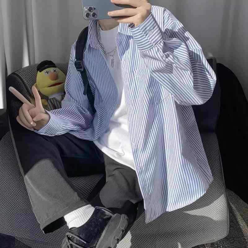 シャツ メンズ 長袖 ストライプ柄 ポリエステル 開襟シャツ ルーズフィット カジュアルスタイル サマー ブラック ブルー][{