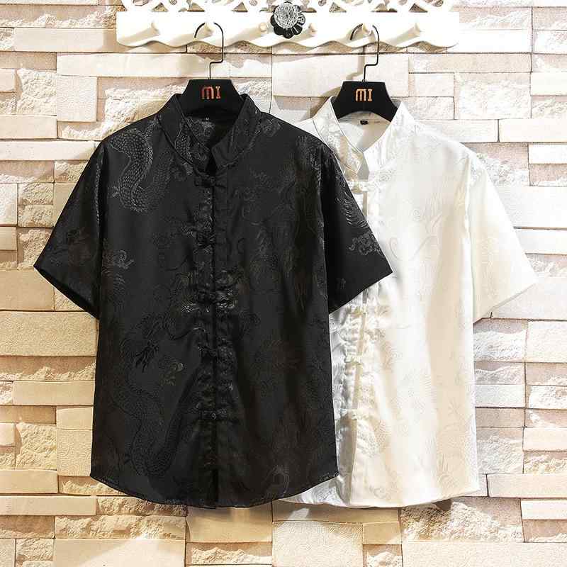 シャツ メンズ 男性用 半袖 コットン チャイナ風 ドラゴン柄 立襟 チャイナ風 レトロ 和柄 アジアン エスニック 開襟 トップス