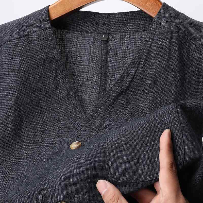 ベスト メンズ 男性用 麻 Vネック 無地 薄手 中国風 サマーベスト トップス チョッキ ブラック系