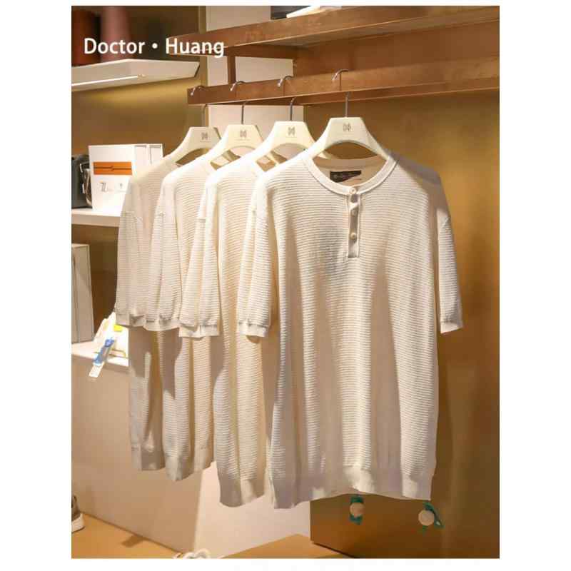 Tシャツ メンズ 男性用 無地 ニット 半袖 接触冷感 ストレッチ アクリル混紡 薄手 普段使い 部屋着 春夏 麻色 紺色・スタイル: ベーシック・柄: 無地・タイプ: プルオーバー・ネックライン: ラウンドネック・袖丈: 半袖・厚さ: 薄...