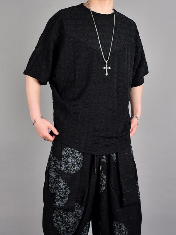 Tシャツ メンズ Tシャツ 半袖 格子柄 切り替え 5分袖 コットン混紡 薄手 ゆったり ラウンドネック 幾何学模様 スタイル カジュアル ブラック