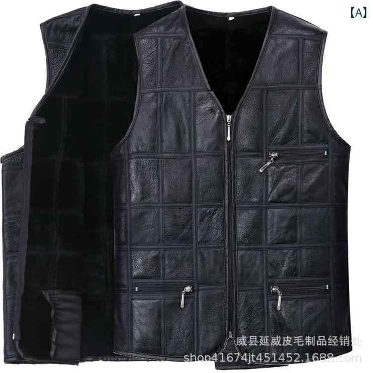 ベスト メンズ 男性用 シニア 秋冬 レザー 一体型 羊毛 ウール 革 ジレ チョッキ 防寒 あったか 暖かい カジュアル 普段使い ブラック