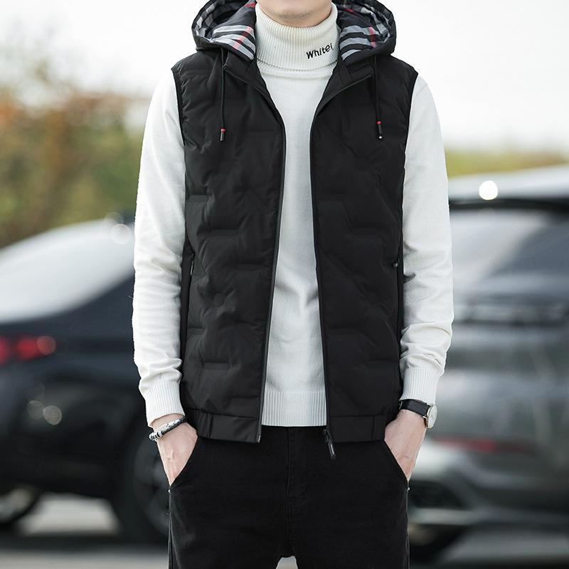 ダウンベスト メンズ 男性用 秋冬 防寒着 フード付き 取り外し可能 無地 普段使い アウトドア ブラック カーキ・カテゴリ: 綿衣/綿服・・フード: 有り（連帽）・詰め物: 灰ダックダウン・スタイル: 流行・シルエット: ウエストシェイプ...