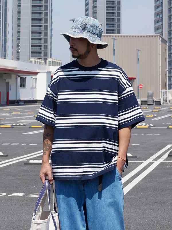 Tシャツ メンズ 男性用 半袖 コットン ストライプ ルーズ 小さめ丸首 紺色 ネイビー系・スタイル: 和風レトロ・素材: 綿・柄: ストライプ・フィット: ゆったり・対象年齢: 若者・種類: プルオーバー・ネックライン: クルーネック・袖...