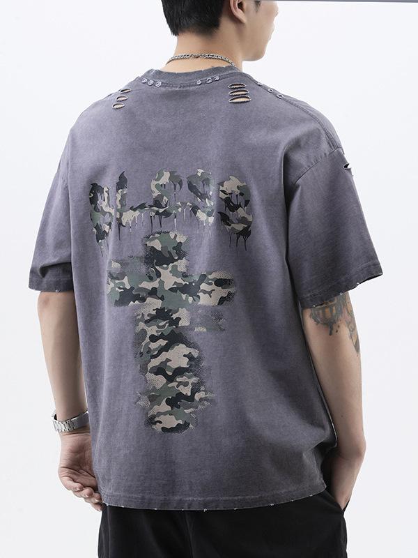 Tシャツ メンズ 男性用 コットン トップス 半袖 プリント 美式 レトロ 薄手 ルーズ ゆったり 普段使い 部屋着 春夏 パープル系 グレー系 カーキ
