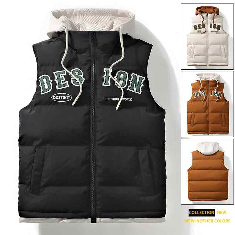 メンズ 中綿ベスト フード付き 防寒 撥水 厚手 ポリエステル アウター 男性用 カジュアル スタイル ブラック ベージュ カーキ 秋冬・対象年齢: 成人