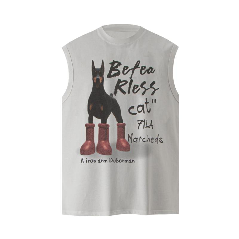 Tシャツ メンズ ノースリーブ トップス ドーベルマン 犬柄 コットン プリント カットソー ストリート カジュアル 白 黒
