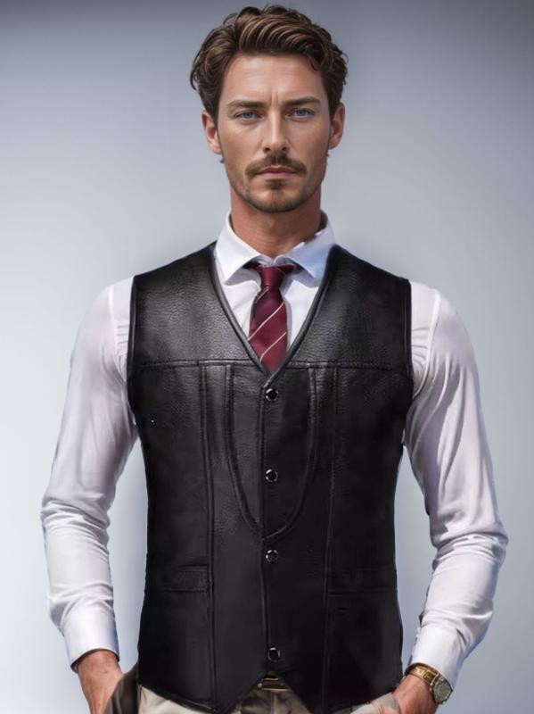 ベスト 男性用 Vネック PUレザー 春秋 カジュアル ワーク ブラック