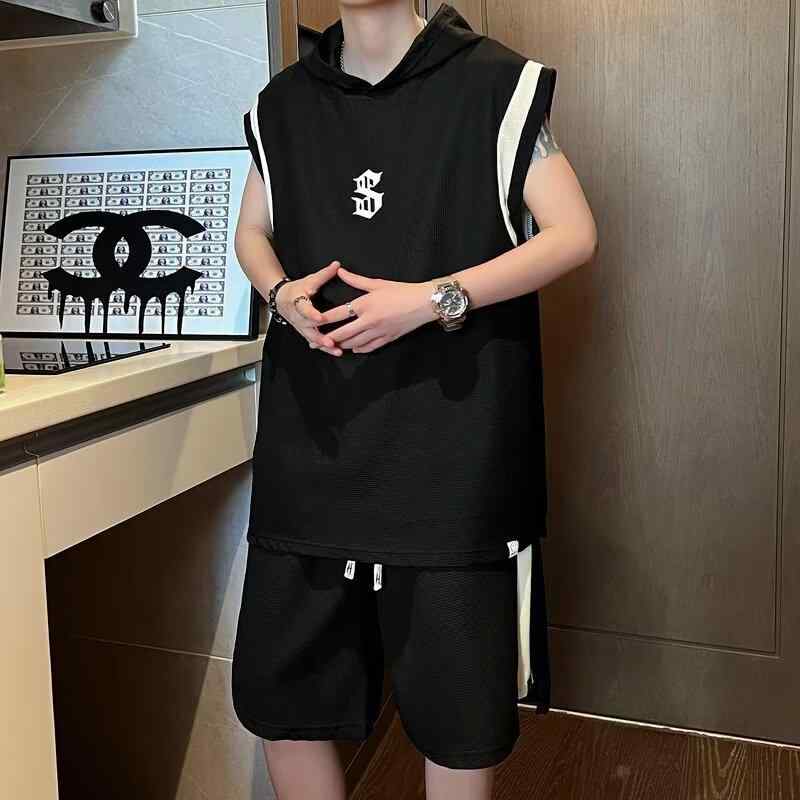 2個セットメンズ スポーツ用タンクトップ ショートパンツ 上下セット コットン 薄手 夏 男性用 運動 部屋着 ブラック ホワイト・スタイル: スポーツ・厚さ: 薄手・パンツ丈: ハーフパンツ・トップス: ベスト・袖丈: ノースリーブ・素材...