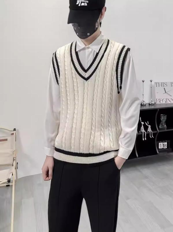 2個セットニットベスト メンズ 男性用 配色 ポリエステル ゆったり Vネック チョッキ 韓国 秋冬 ブラック 黒