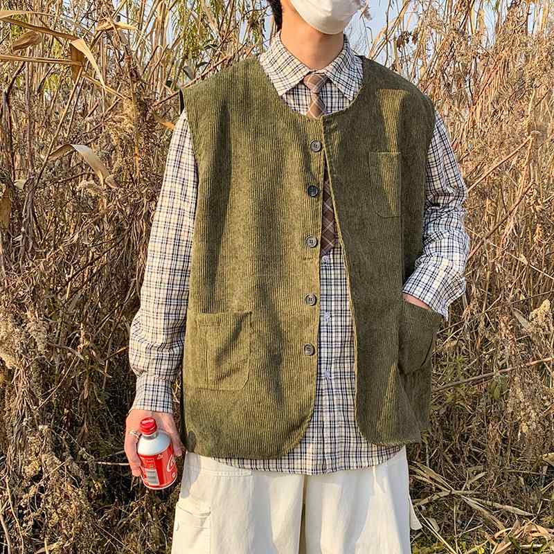 ベスト メンズ 男性用 コーデュロイ ゆったり レトロ 配色 切り替え ポケット付き カジュアル 緑 グリーン コーヒー ブラウン 綿 春・版型: ゆったり・柄: 無地・主な素材: 綿・適用シーン: カジュアル・対象: ・ディテール: 配色...