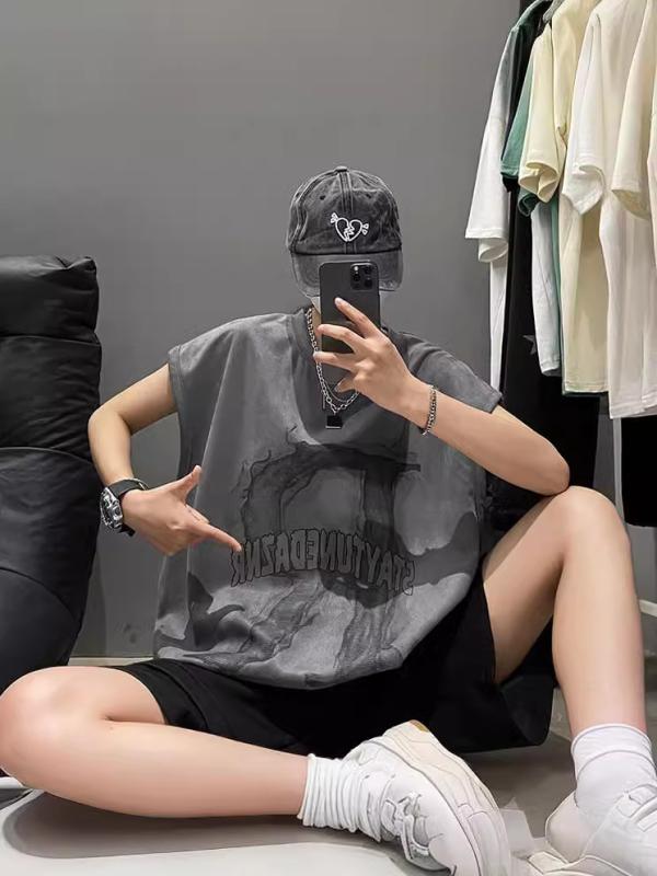 ベスト 男性用 スポーツ ルーズ ノースリーブ Tシャツ ポリエステル 鹿の子編み風 プリント レトロ カジュアル 薄手 グレー アプリコット カーキ ブラック・版型: ゆったり・柄: アルファベット・主な素材: ポリエステル95%・生地:...