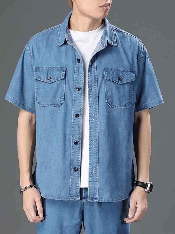 シャツ メンズ 男性用 トップス 長袖 薄手 デニム風 涼しい 春 カジュアル 浅ブルー 濃いブルー