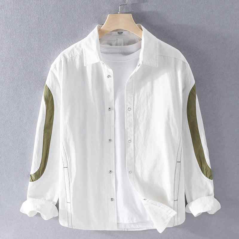シャツ メンズ 長袖 コットン 拼接 开衫 トップス 纯色 カジュアル 普段使い 秋 ホワイト グリーン M L XL XXXL 2XL