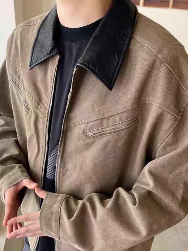 ジャケット 男性用 水洗加工 古着風 切り替え ブルゾン 春秋 襟付き ショート丈 ポリエステル 繊維 ブラウン ターコイズグリーン ゆったり・商品カテゴリ: ジャケット・スタイル: 流行・領型: 翻領・版型: ルーズ・前立て: ジッパー・...