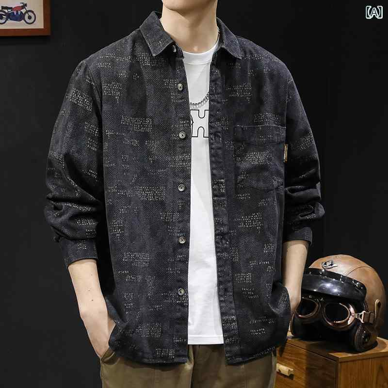 シャツ メンズ 長袖 コットンブレンド トップス ライトアウター スタンドカラー カジュアル ゆったりサイズ 大きいサイズ ブラック プリント 防シワ 形態安定・カテゴリ: シャツ・スタイル: カジュアル・対象年齢: 成人・対象: メンズ・...