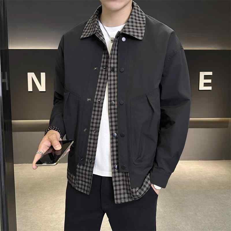 ジャケット メンズ チェック柄 アウター 秋冬 ワークウェア ブルゾン ジャンパー スタイリッシュ ブラック グリーン・カテゴリ: ジャケット・スタイル: ストリート・対象: ティーン・襟の形: 襟付き・フィット: スリム・フロント: シン...