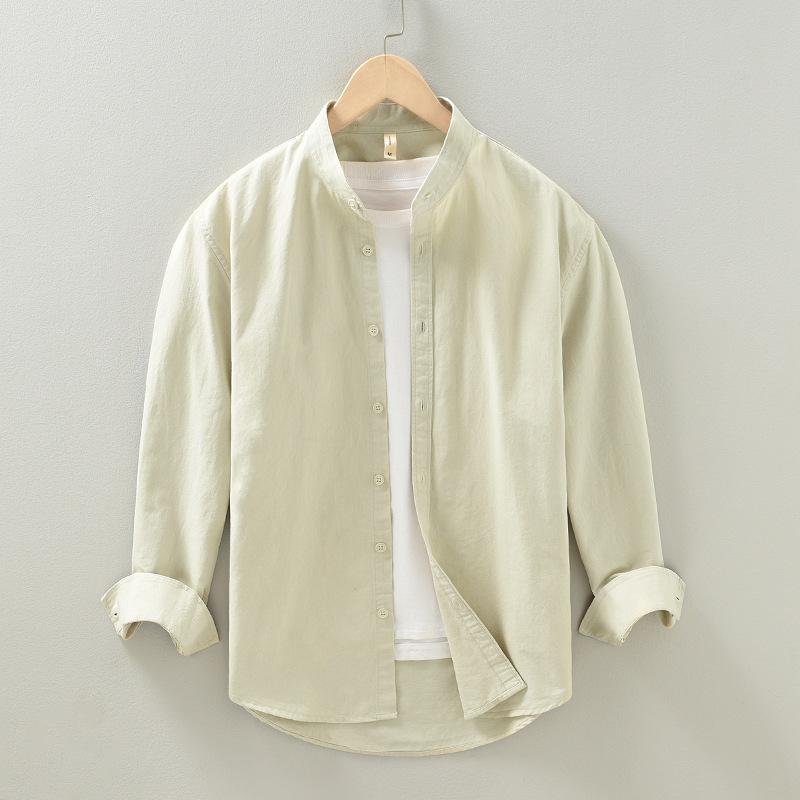 2個セットシャツ メンズ 長袖 コットン 立襟 無地 春秋 日系 普段使い ホワイト 白 青 紺 緑 黒 防しわ 耐摩耗