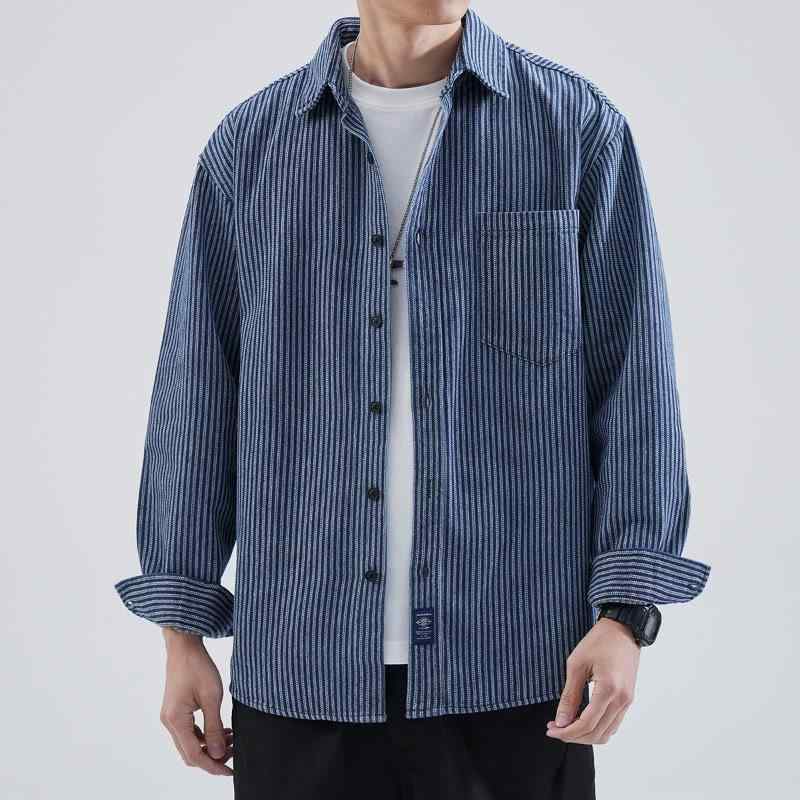 シャツ メンズ 男性用 ストライプ デニム ルーズ 翻襟 長袖 トップス ブルゾン 春秋 カジュアル ブルー M L XL 2XL 3XL・素材: デニム・素材（詳細）: ポリエステル96%以上・スタイル: 日本風.カジュアル・対象: 18...