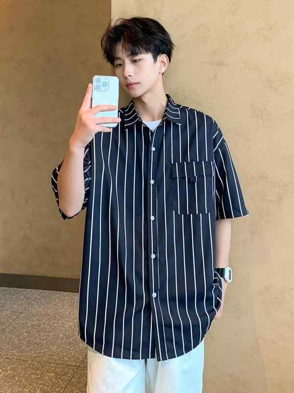 シャツ メンズ 男性用 半袖 ストライプ柄 ポリエステル 接触冷感 薄手 オープンカラー 春夏 ブラック ホワイト カーキ・カテゴリ: シャツ・スタイル: ストリート・生地: シェニールプリント・素材: ポリエステル・袖丈: 半袖・柄: ス...