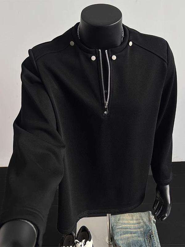スウェット メンズ 春秋 厚手 長袖 トレーナー プルオーバー ライトグレー スタッズ ハーフジップ ショート丈 肩パッド入り レトロ カジュアル