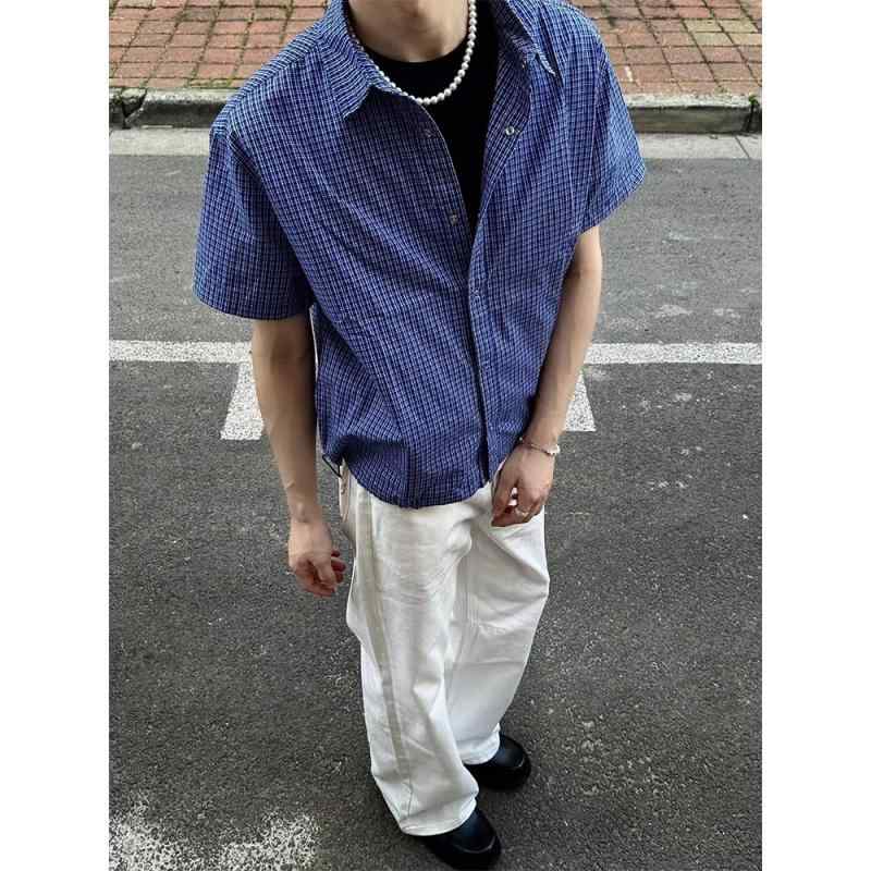 シャツ メンズ ブルー 格子柄 半袖シャツ 涼しい ポリエステル 宽松 カジュアル 開襟 薄手 アウター・カテゴリ: シャツ・スタイル: スタイル・対象年齢: 18-24歳・タイプ: カーディガン・フィット: ルーズ・襟型: 尖った襟・袖丈...