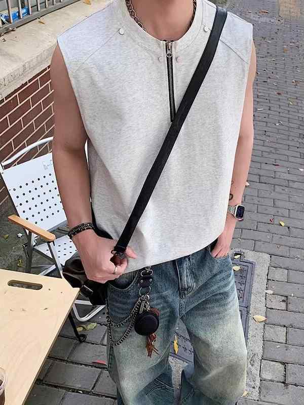 Tシャツ メンズ タンクトップ 夏用 ハーフジップ ノースリーブ 接触冷感 ポリエステル 無地 黒 グレー スポーツウェア カジュアル・カテゴリ: Tシャツ/タンクトップ・版型: ルーズ・柄: 無地・主な素材: ポリエステル繊維・対象: 青...