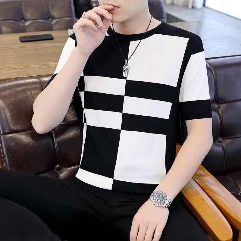 Tシャツ メンズ ニット 半袖 接触冷感 薄手 ラウンドネック トップス カジュアル 格子柄 ポリエステル混紡・カテゴリ: Tシャツ・スタイル: 流行・柄: 格子.幾何学模様.プリント・対象: 若者.成人・ネックライン: クルーネック・袖丈...