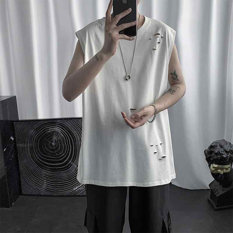 Tシャツ メンズ 男性用 ノースリーブ ダメージ加工 ゆったり 無地 ポリエステル 普段使い ルームウェア 白 ホワイト グレー ブラック 冬・版型: ゆったり・柄: 無地・主な素材: ポリエステル・・シーン: カジュアル・対象: 若者・加...