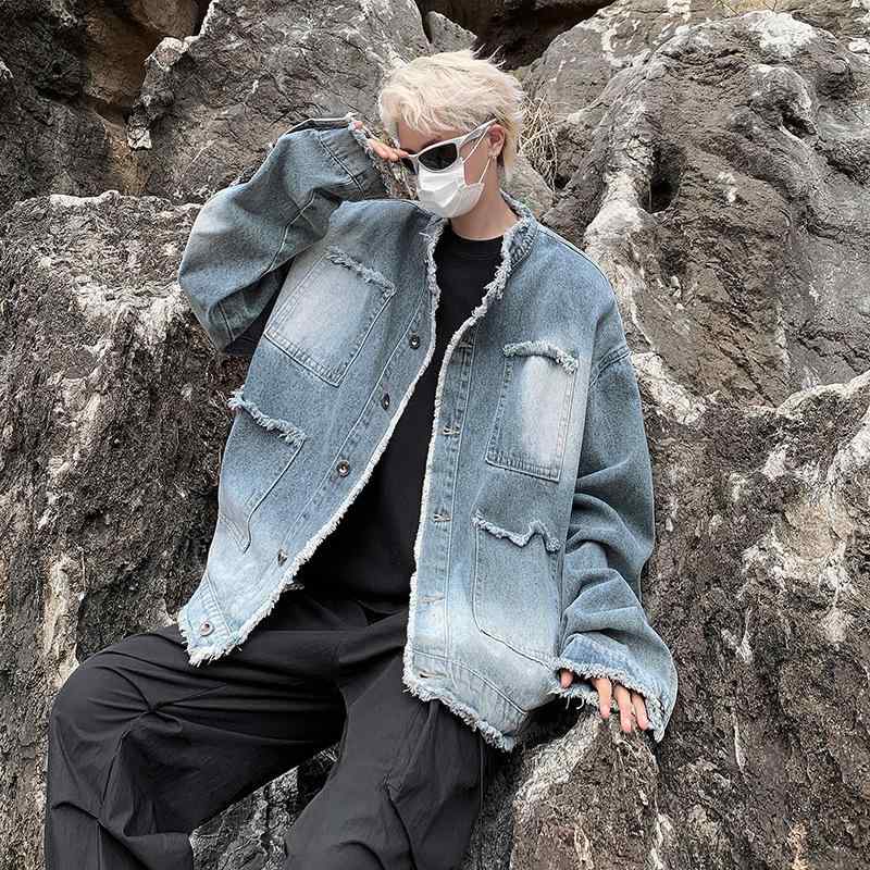 ジャケット メンズ デニム Gジャン アメリカンワーク カジュアル ダメージ加工 ウォッシュ加工 ゆったり ルーズフィット 長袖 ライトブルー・商品カテゴリ: ジャケット・スタイル: ストリート・対象年齢: 18-24歳・襟の形: ノーカラ...