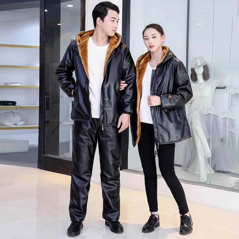 ジャケット メンズ レザーパンツ 上下セット 裏起毛 裏ボア 防寒 防風 バイク ウェア 作業着 PUレザー 秋冬 黒 ブラック系