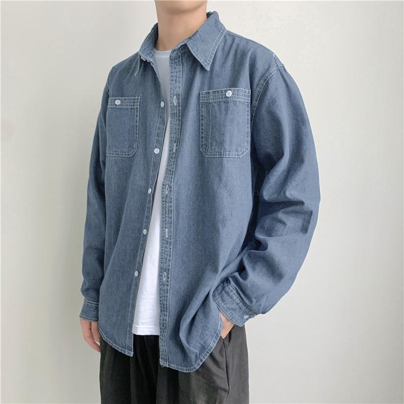 シャツ メンズ デニムシャツ 長袖 春秋 ルーズフィット ワークウェア風 デニムジャケット ペア 浅ブルー ダークブルー・カテゴリ: シャツ・スタイル: 日系ワーク・対象: 18-24歳・デザイン: カーディガン・シルエット: ルーズ・襟の...