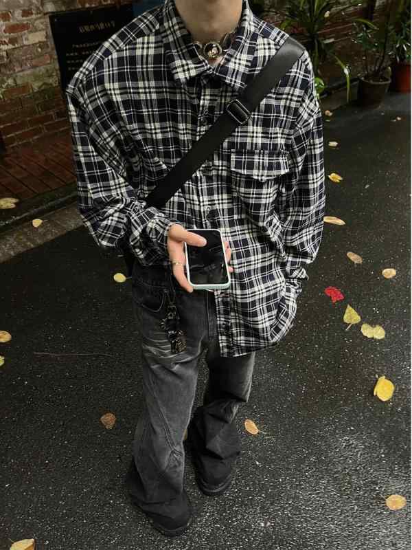 シャツ メンズ アメリカン レトロ 黒白 格子柄 長袖 ポリエステル繊維 開襟 襟付き ゆったり リラックス カジュアル スタイル トップス・カテゴリ: シャツ・スタイル: カジュアル・素材: ポリエステル・袖丈: 長袖・柄: 格子・・対象...