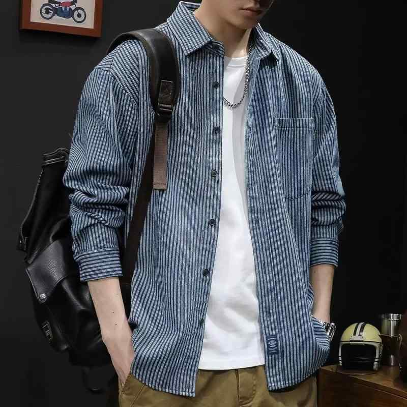 シャツ メンズ 長袖 ストライプ柄 コットンブレンド 混紡 開襟シャツ 襟付きトップス 配色 春秋 カジュアル・カテゴリ: シャツ・スタイル: カジュアル・素材: 綿混紡.ポリエステル95%・生地: 30支・タイプ: カーディガン・フィット...